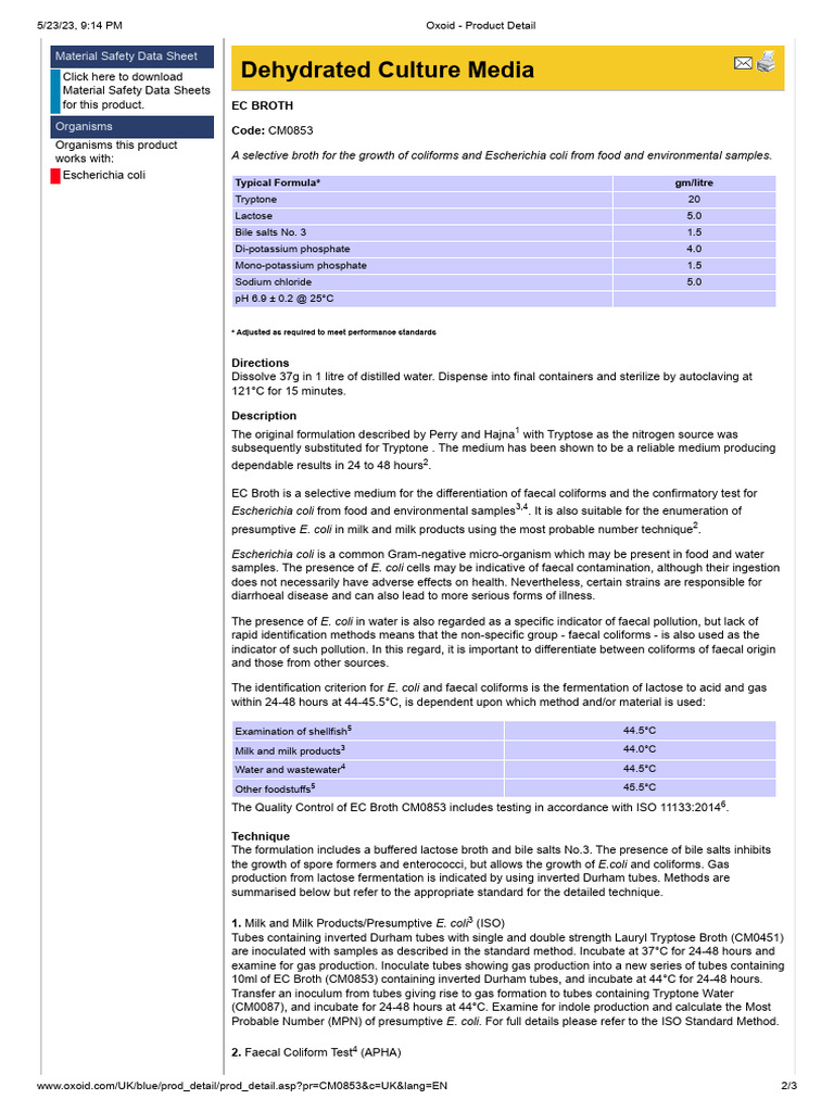 EC Broth | PDF | Escherichia Coli | Microbiology