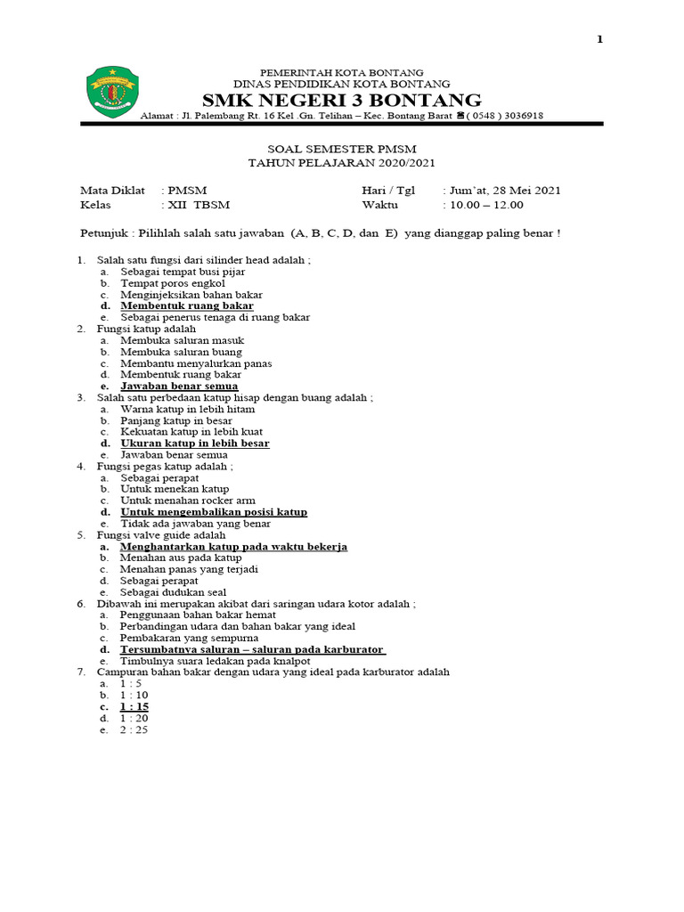 Soal PMSM - Semester - 2021 - Dengan Kunci Jawaban | PDF