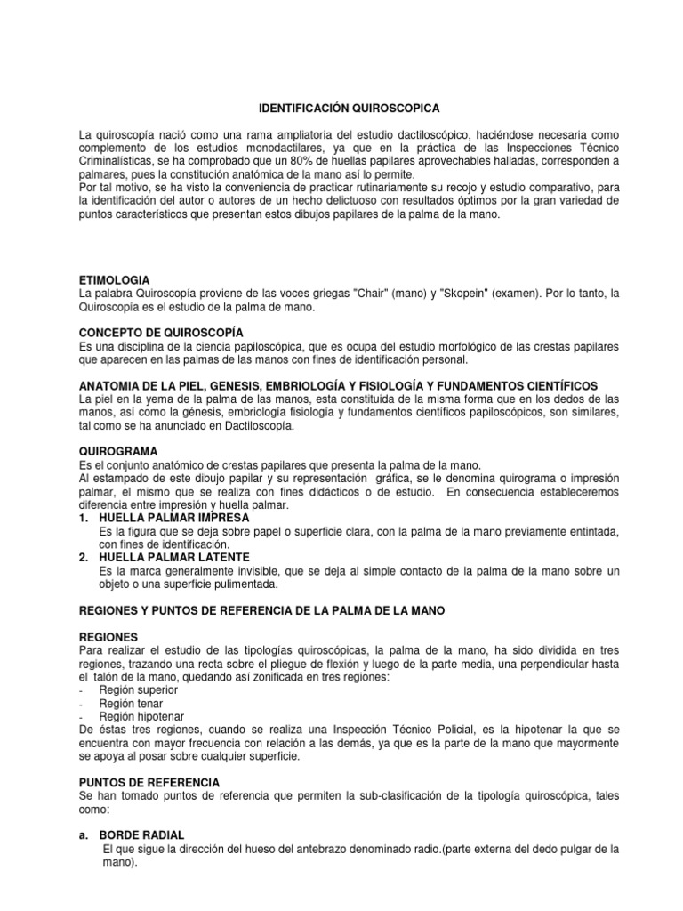 Identificacion Quiroscopica Clasificacion y Homologacion de Huellas ...