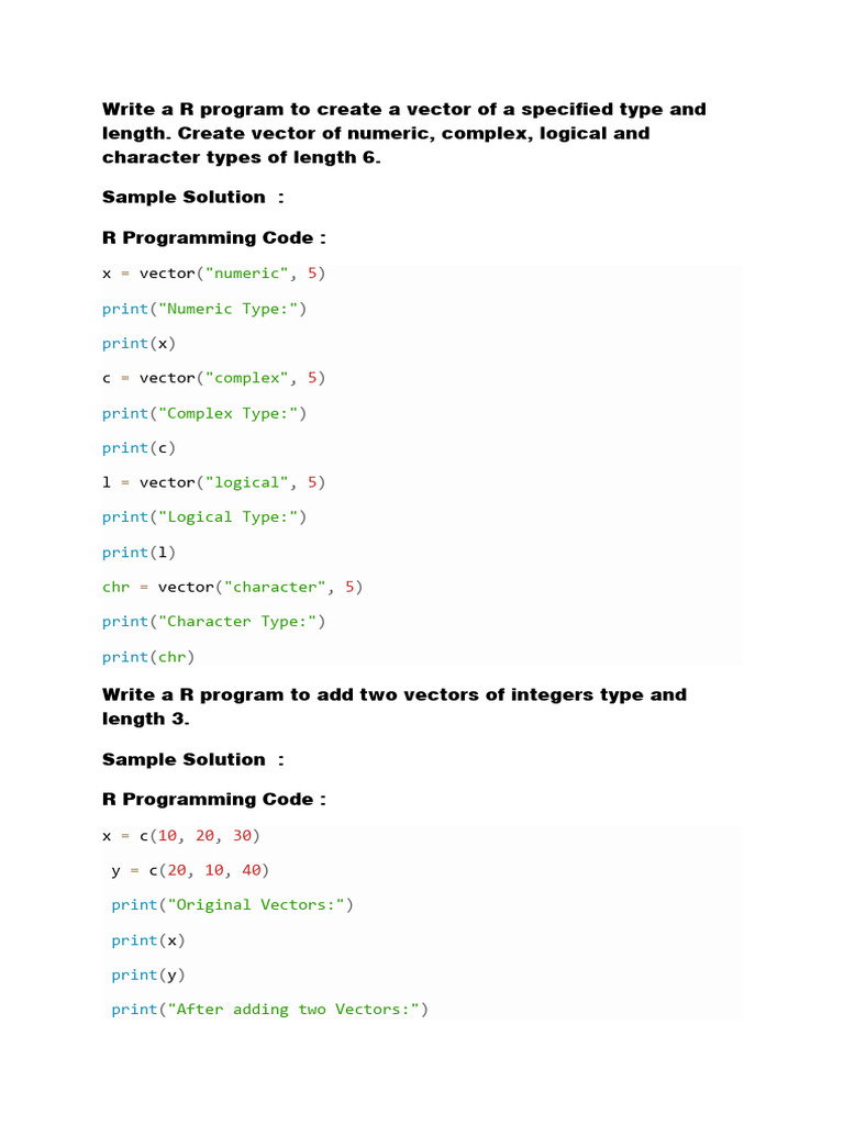 Write A R Program To Create A Vector Of A Specified Type And Length Pdf Computer Programming