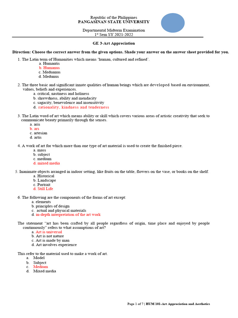 GE 3 Midterm Exam - EDITED | PDF | Paintings | Color