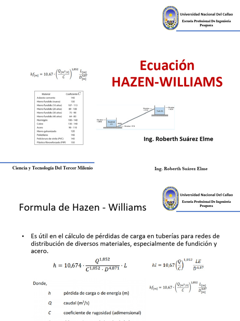 08. Ecuacion de Hazen Williams | PDF | Tubería (transporte de fluidos ...