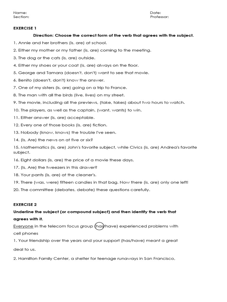 Subject-Verb Agreement Exercises | PDF | Language Arts & Discipline