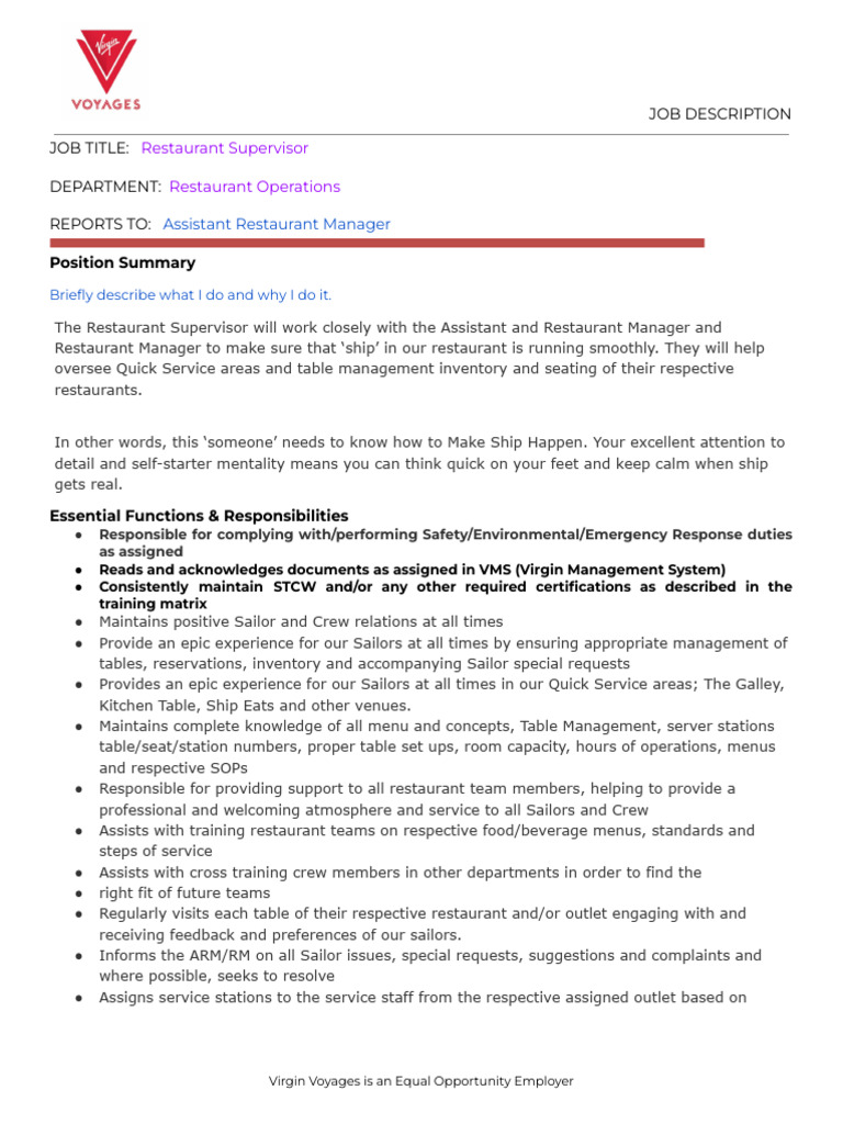 Restaurant Supervisor Role Overview | PDF | Restaurants | Menu