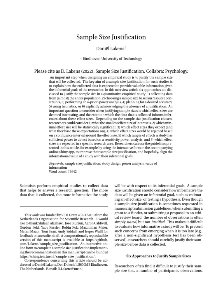 Sample Size Justification Preprint | PDF | Type I And Type Ii Errors ...