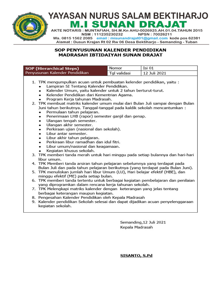 Sop Penyusunan Kalender Pendidikan | PDF