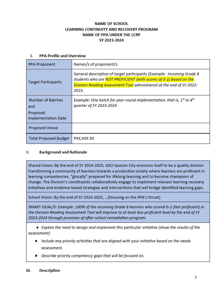 PPA LCRP TEMPLATE 2023 2024 v2 | PDF | Learning | Behavior Modification