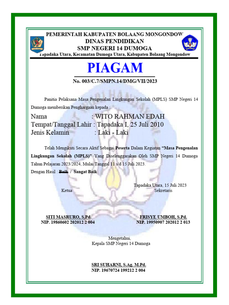 Format Piagam Penghargaan MPLS Tingkat SMP N 14 Dumoga | PDF