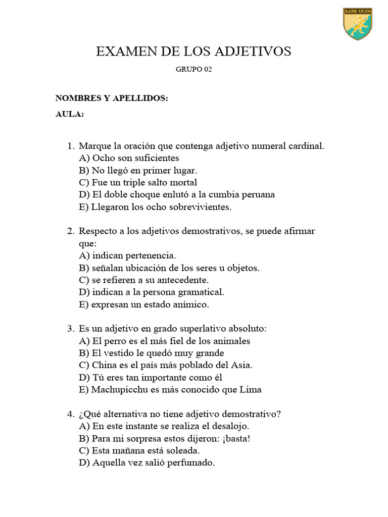 Examen de Adjetivos: Preguntas y Oraciones | PDF | Adjetivo | Adverbio