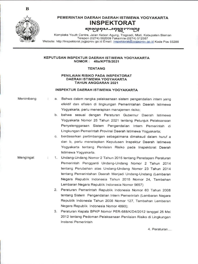 48a.KPTS.2021 SK TTG PENILAIAN RISIKO INSPEKTORAT TA 2021 | PDF