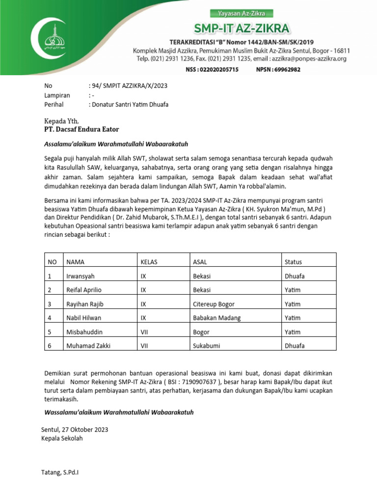 Donasi Beasiswa Santri Yatim Dhuafa | PDF