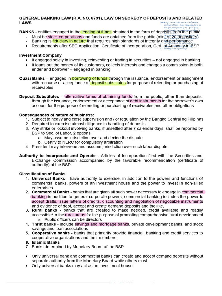 Reviewer General Banking Law Pdf Banks Deposit Account