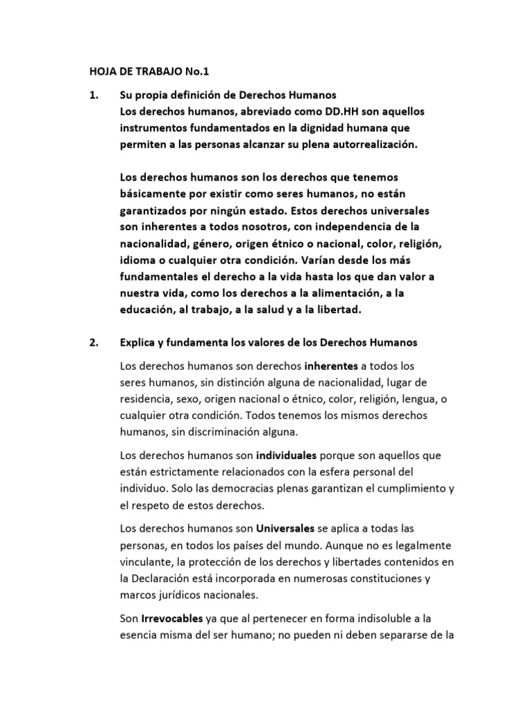 Hoja de Trabajo No.1 | PDF | Derechos humanos | Derechos