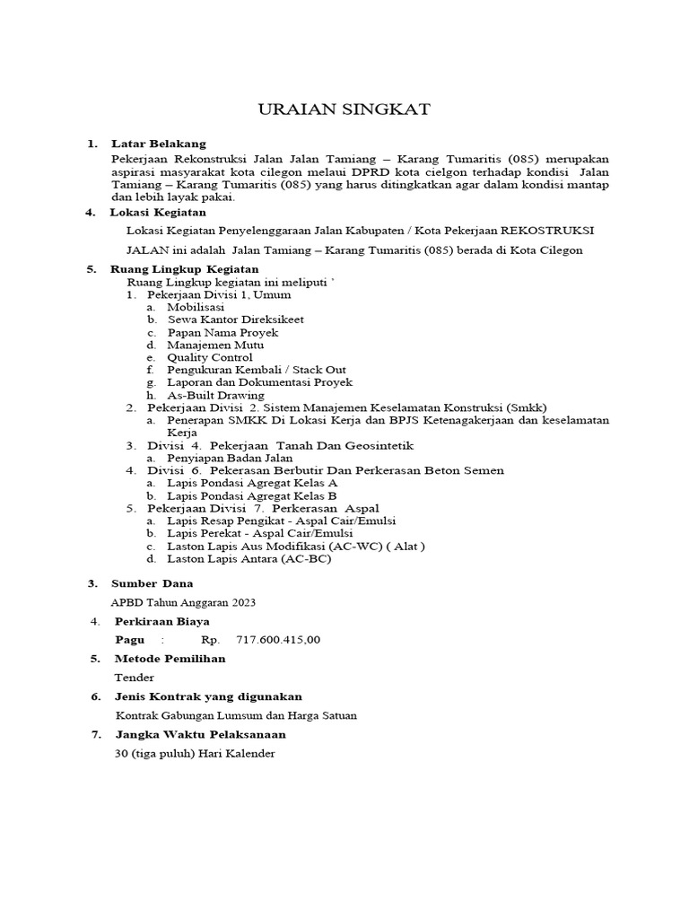 Rekonstruksi Jalan Tamiang-Karang Tumaritis | PDF | Teknologi & Rekayasa