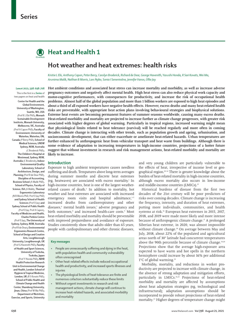 Hot Weather and Heat Extremes Health Risks Lancet 2021 | PDF ...
