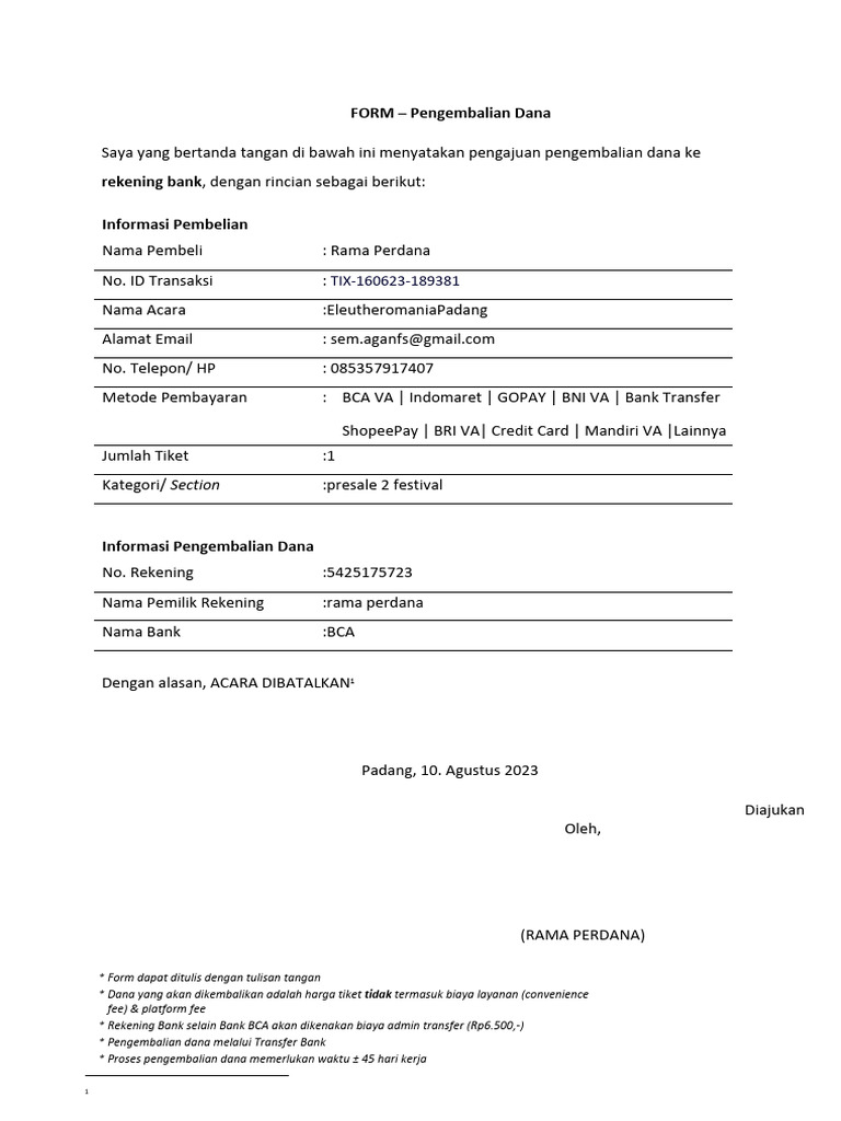 Formulir Pengembalian Dana Tiket | PDF
