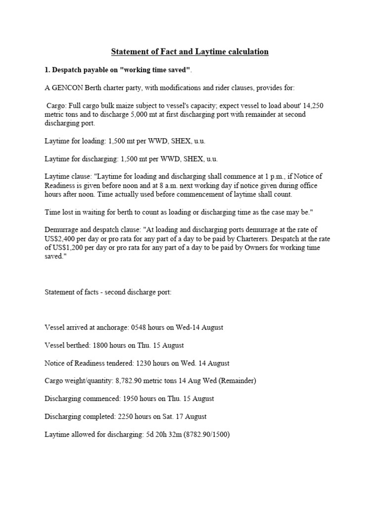 Laytime Calculation Practice Exercises With Solution | PDF | Shipping | Water Transport