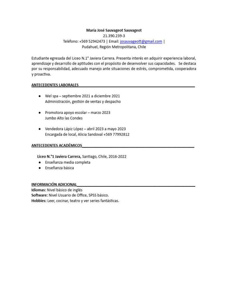 CV María José Sauvageot | PDF | Crecimiento personal y profesional ...