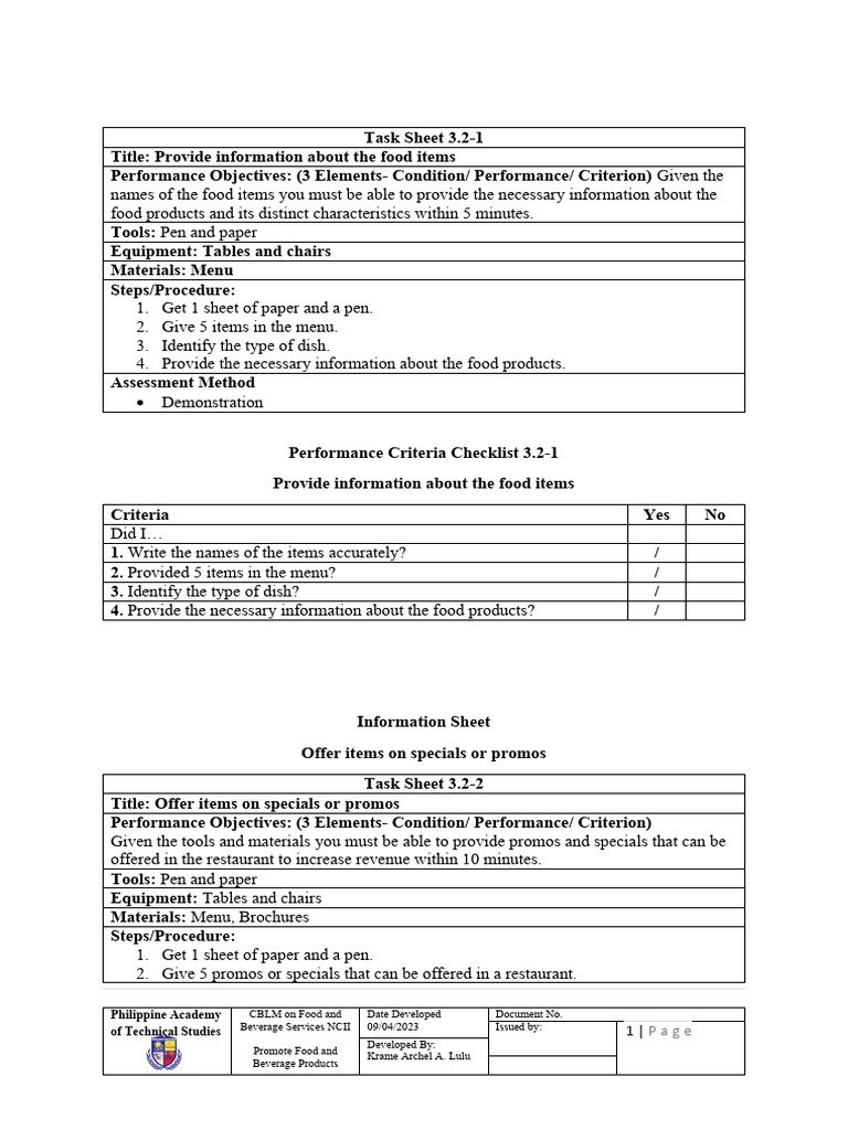 Task Sheet Core 3 LO2 | PDF | Menu | Restaurants