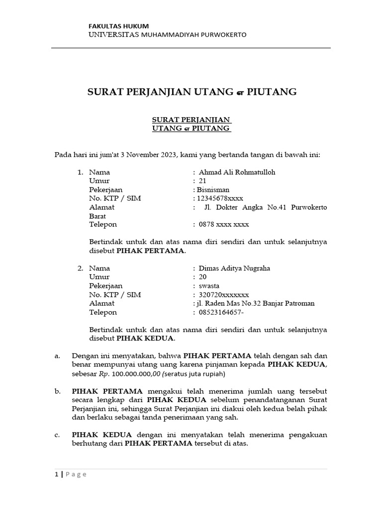 Contoh Surat Perjanjian Utang Piutang FH Ump | PDF | Ilmu Sosial | Hukum