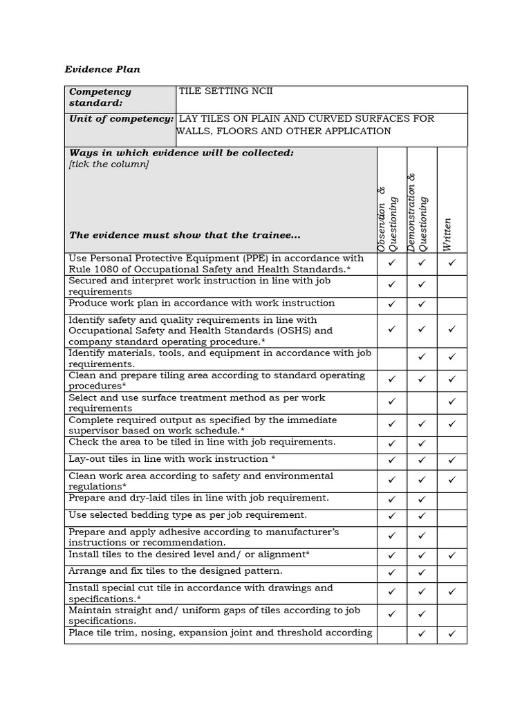Evidence Plan TILE SETTING | Download Free PDF | Tile | Safety