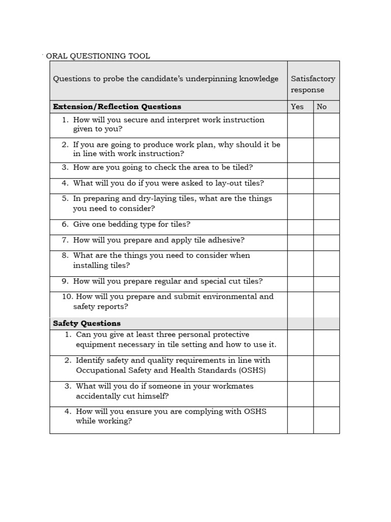 Oral Questioning Tool | PDF | Safety | Personal Protective Equipment