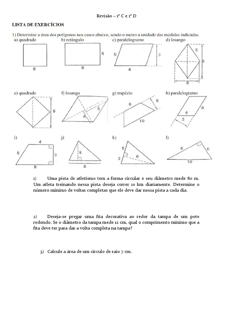 Cálculo de Area - 1° C e D | PDF
