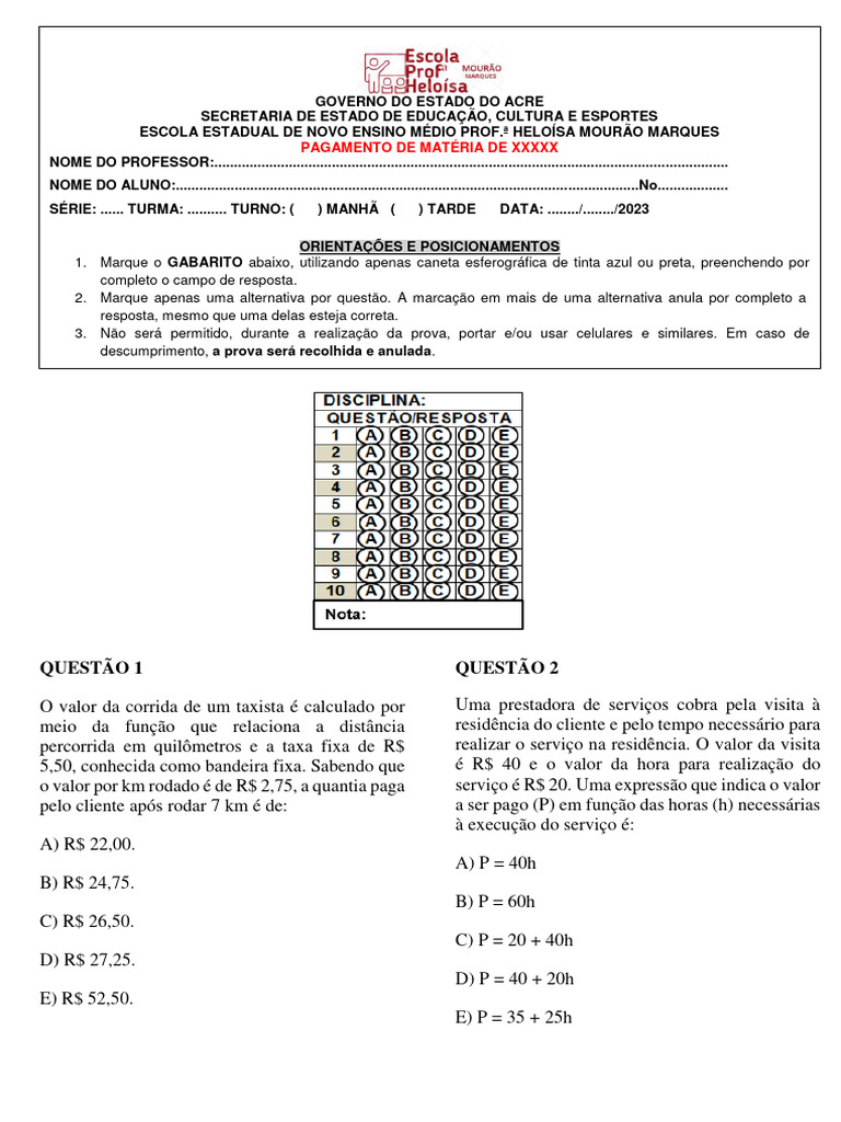 Modelo de Prova de Pagamento de Matéria 2023 | PDF