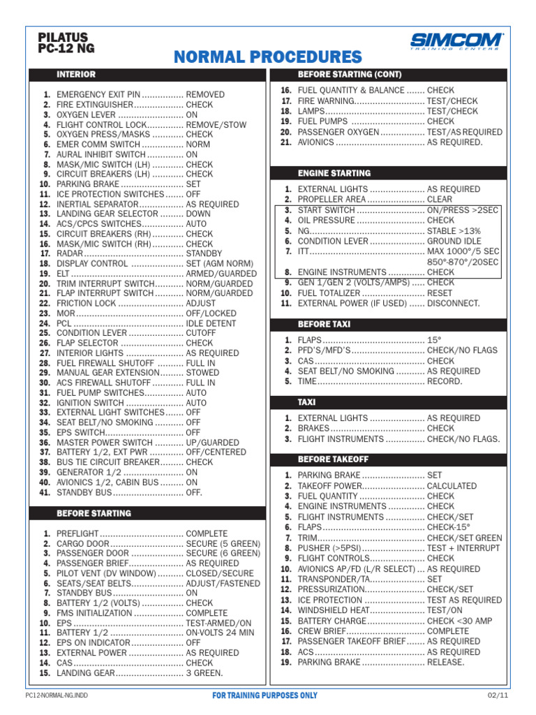 Print Pilatus PC12-NG - 2 - PC-12 NG Normal Proc Short Checklist Rev 0 PDF | PDF | Switch ...
