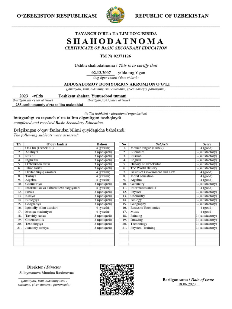 Shahodatnoma: O Zbekiston Respublikasi Republic of Uzbekistan | PDF