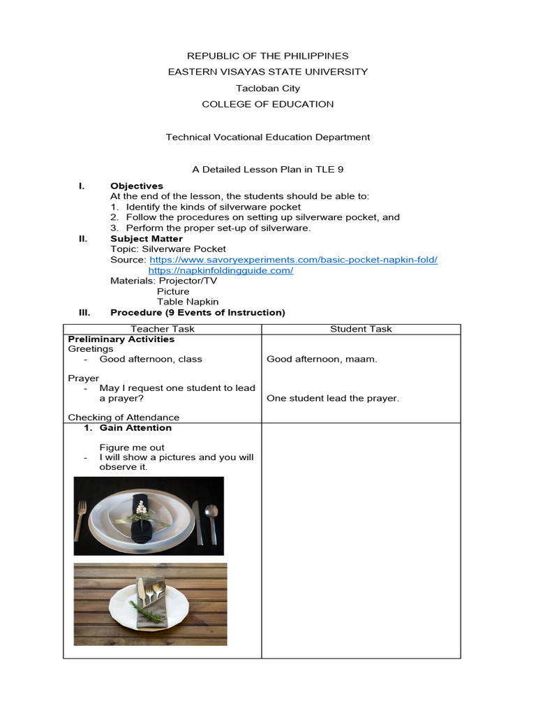Lesson Plan - Nine Events of Instruction | PDF | Tableware | Cutlery