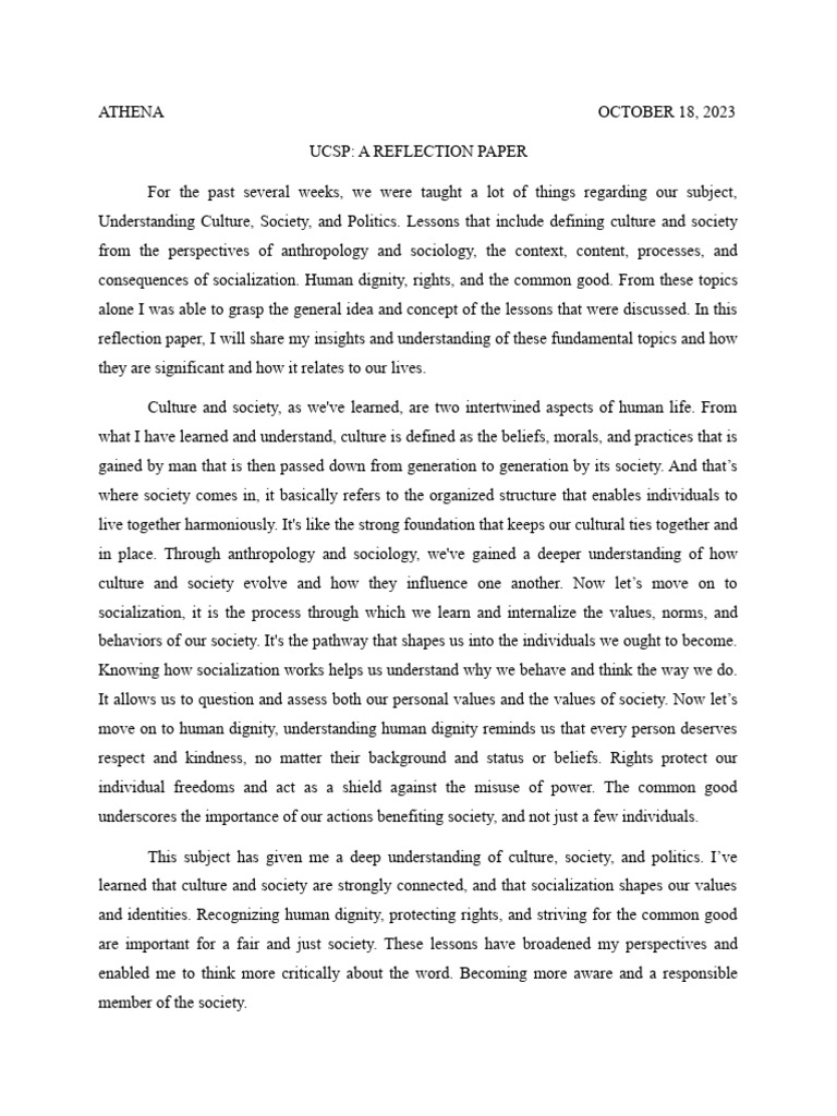 UCSP Reflection Paper By Athena | PDF | Socialization | Society