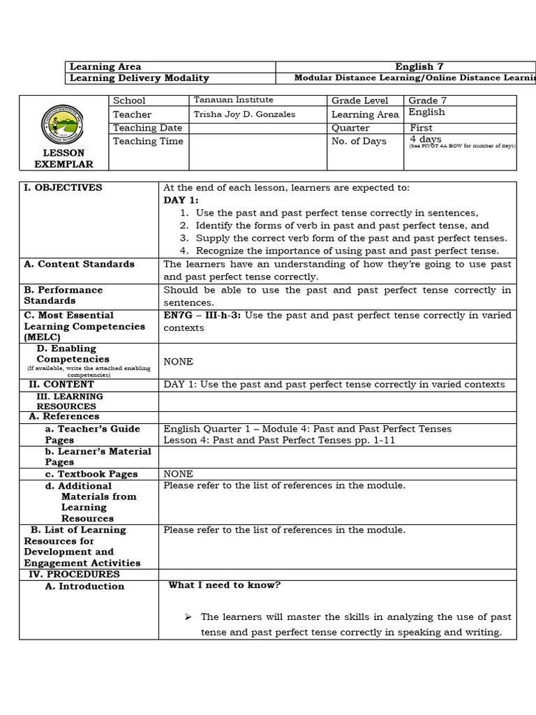 Lesson PLan Day 1 | PDF | Grammatical Tense | Linguistics
