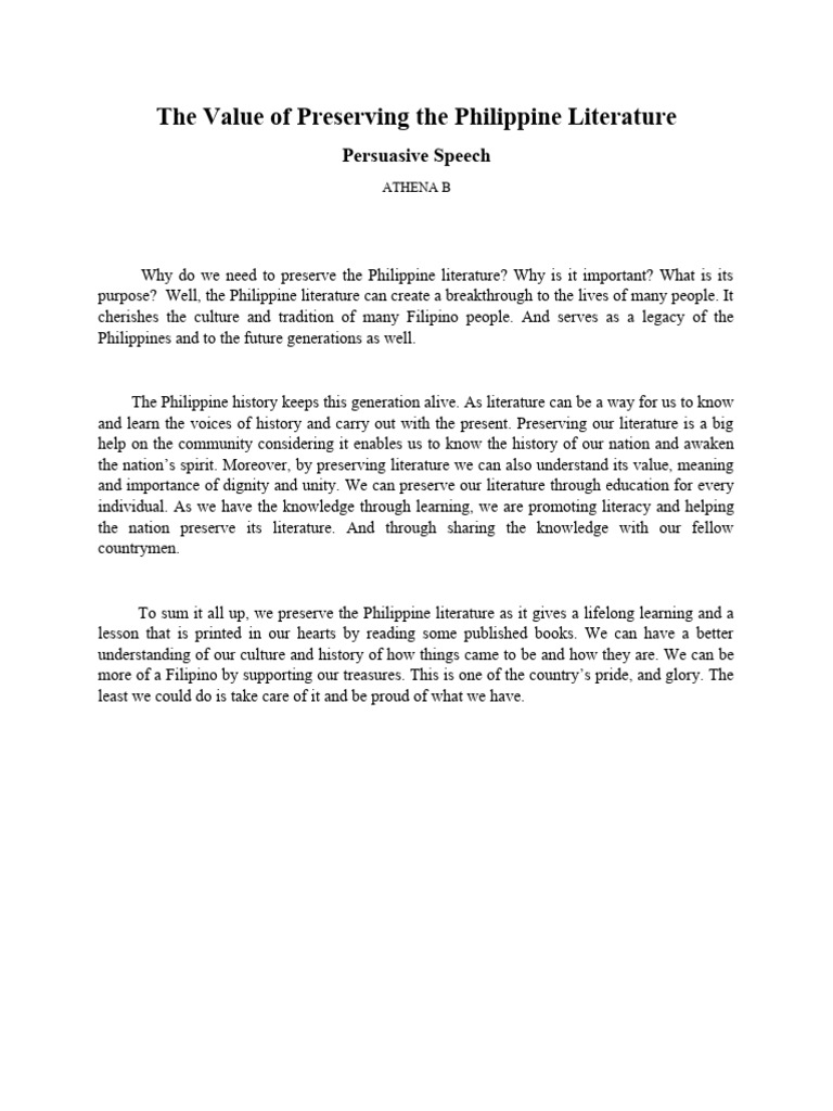 The Value of Preserving The Philippine Literature by Athena B | PDF | Social Science