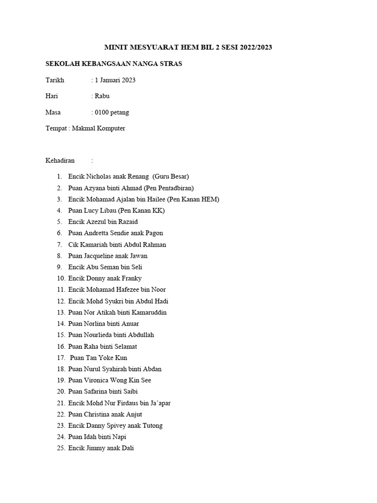 Minit Mesyuarat Hem Bil 2 Sesi 2022 | PDF
