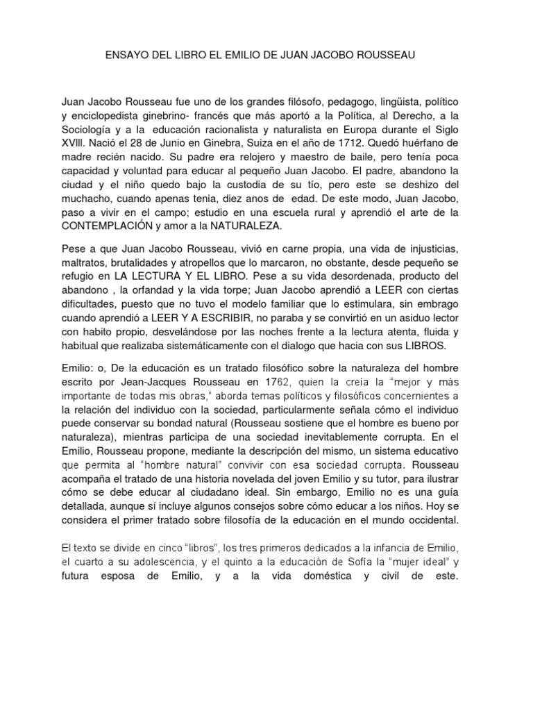 Ensayo Del Libro El Emilio de Juan Jacobo Rousseau | PDF | Emile, o ...