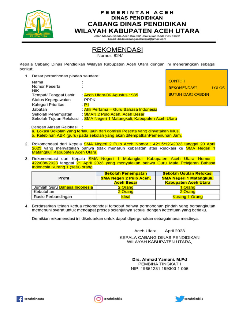 Format Rekom Lolos Butuh Cabdin PPPK Formasi 2022 | PDF