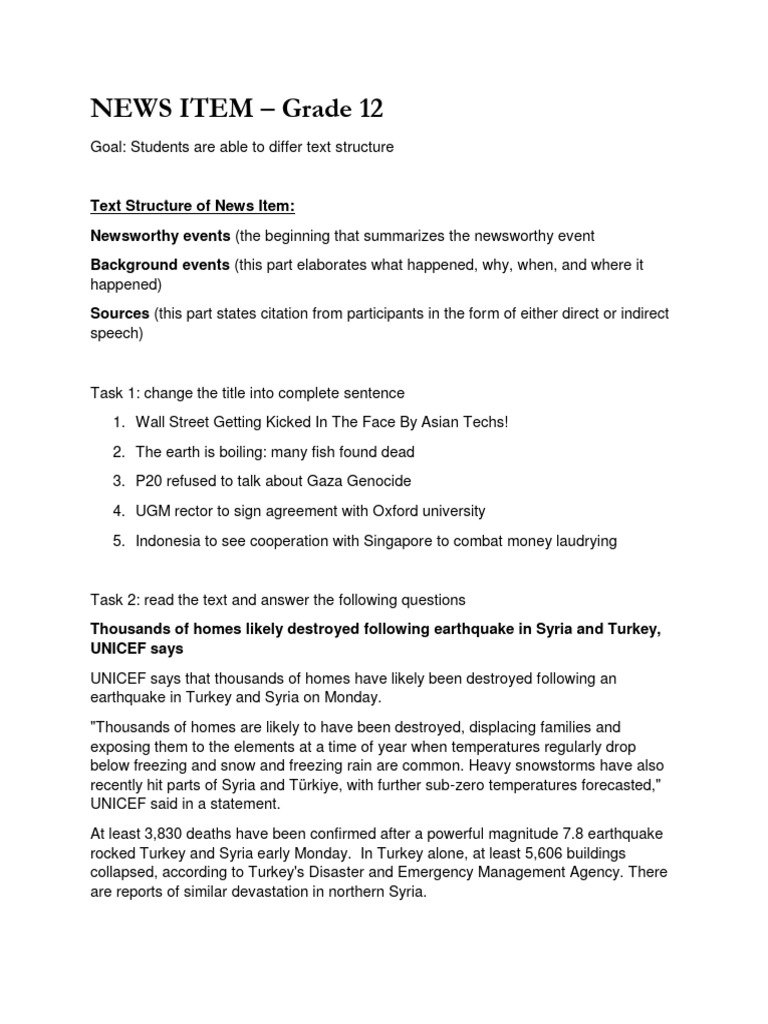 NEWS ITEM Text Structure | PDF | Turkey | Earthquakes