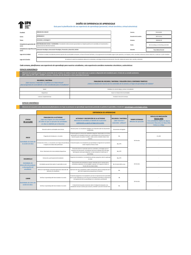S9 Diseño Experiencia de Aprendizaje 2023 INTERNADO III | PDF | Aprendizaje | Evaluación