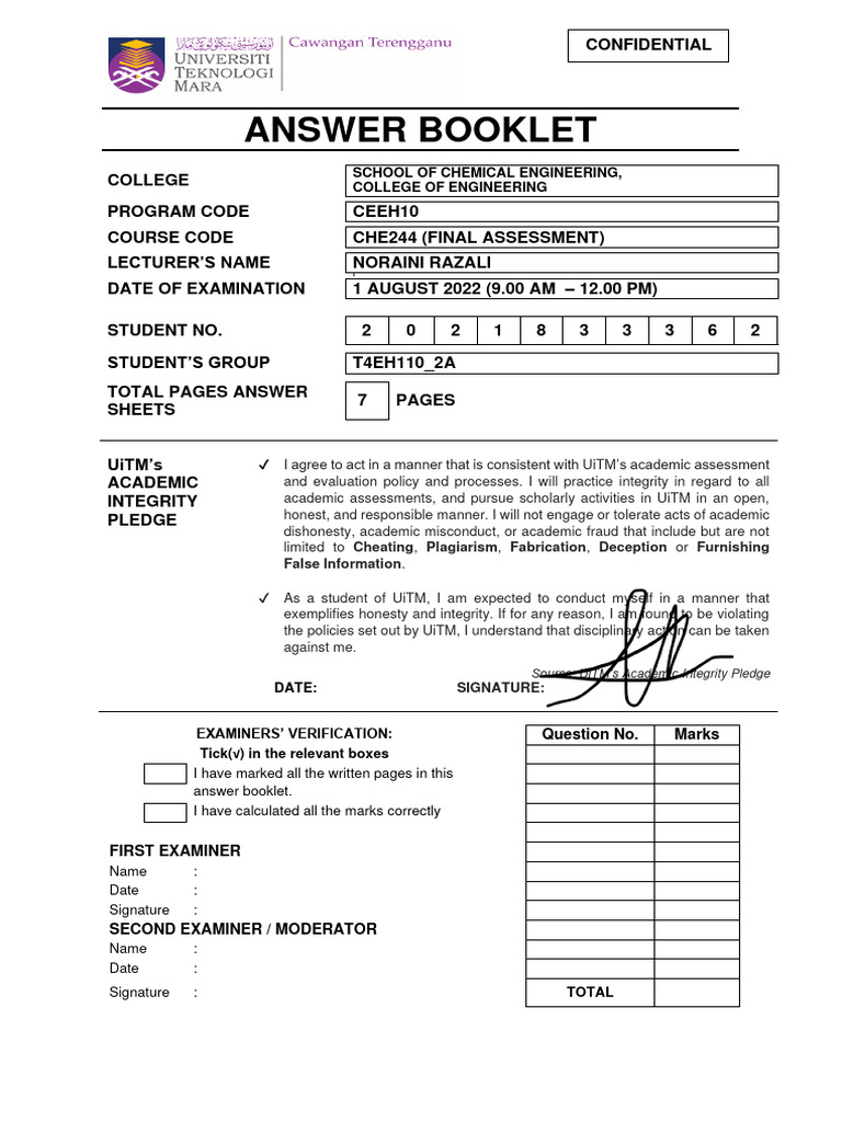 Che244 - Answer Sheet Front Page - Feb2022 | PDF
