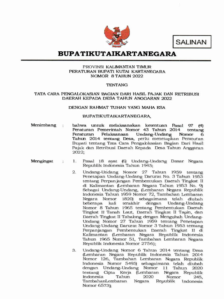 Perbup Kukar 8-2022 TTG Pengalokasian Hasil Pajak Dan Retribusi Daerah Kepada Desa TA 2022 | PDF
