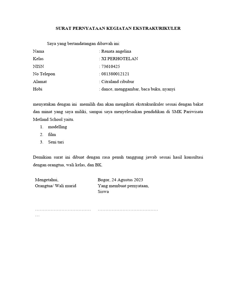 Surat Pernyataan Mengikuti Eskul | PDF