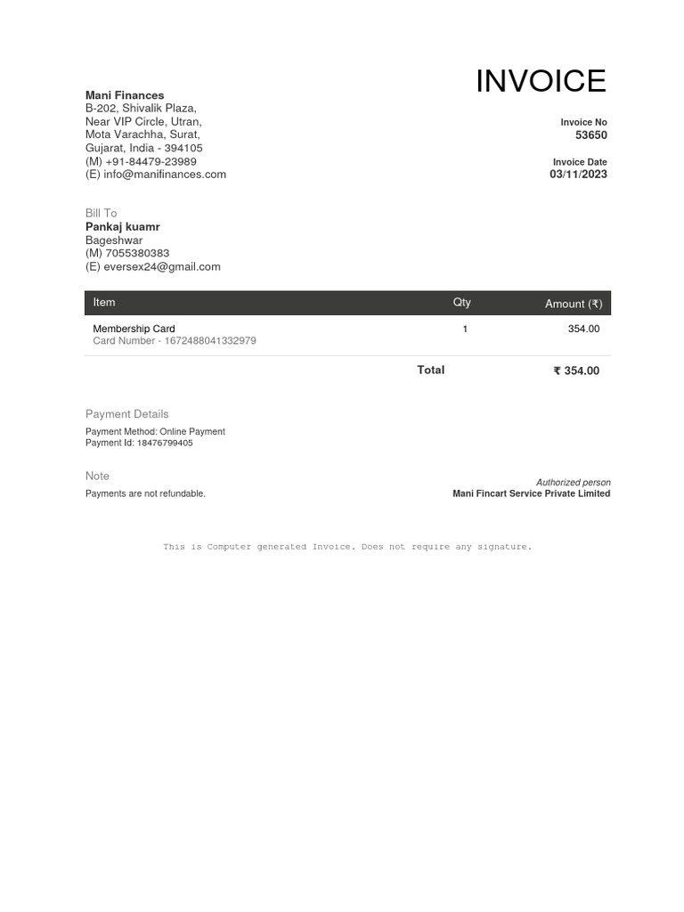 Invoice for Membership Purchase | PDF