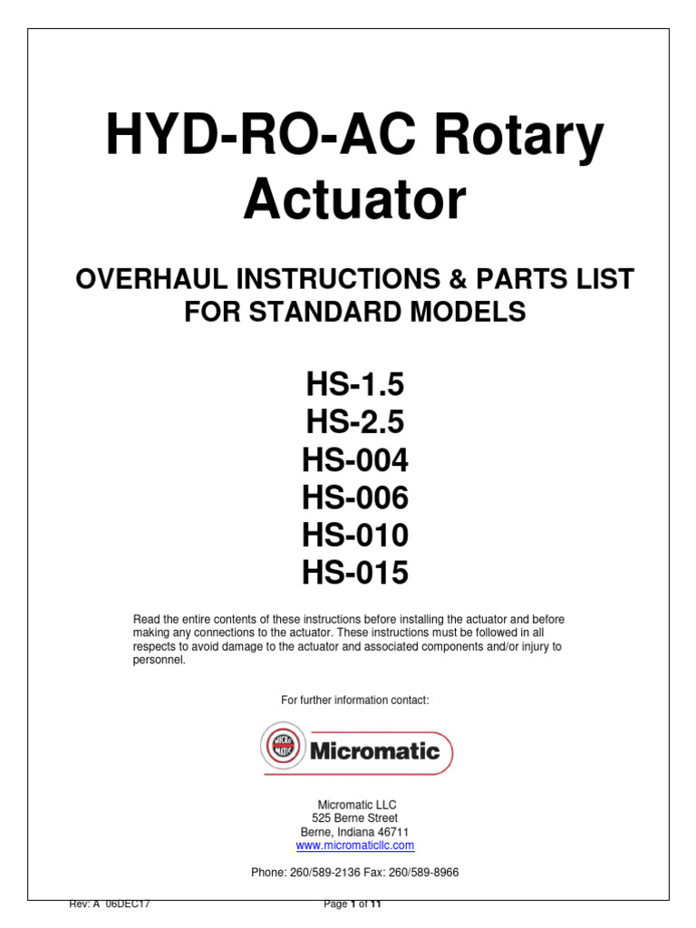 Roatary Actuators - Micromatic Repair Manual - HS-1.5 Thru HS-015 | PDF ...