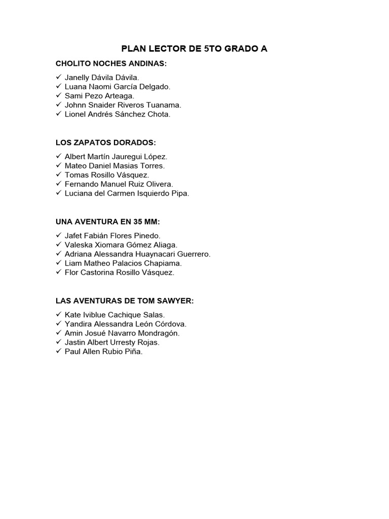 Plan Lector De 5to Grado A Pdf