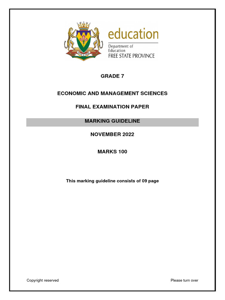 GR 7 Ems Final Exam Paper - 2022 Marking Guideline | PDF | Expense | Income