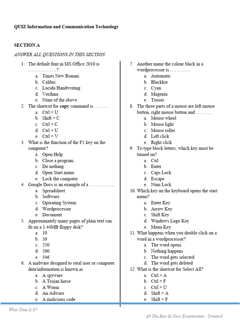 Quiz ICT For IT Lab | PDF | Computer Keyboard | Microsoft Word