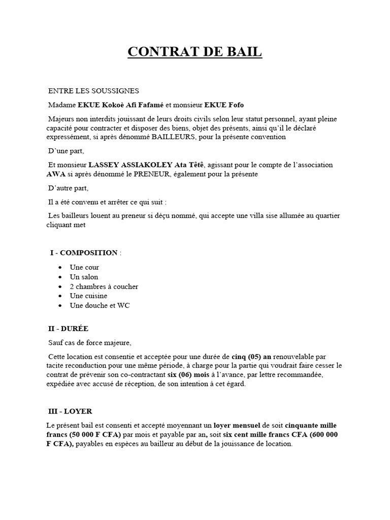 Contrat de bail pour villa à Lomé | PDF | Loi commune | Droit privé
