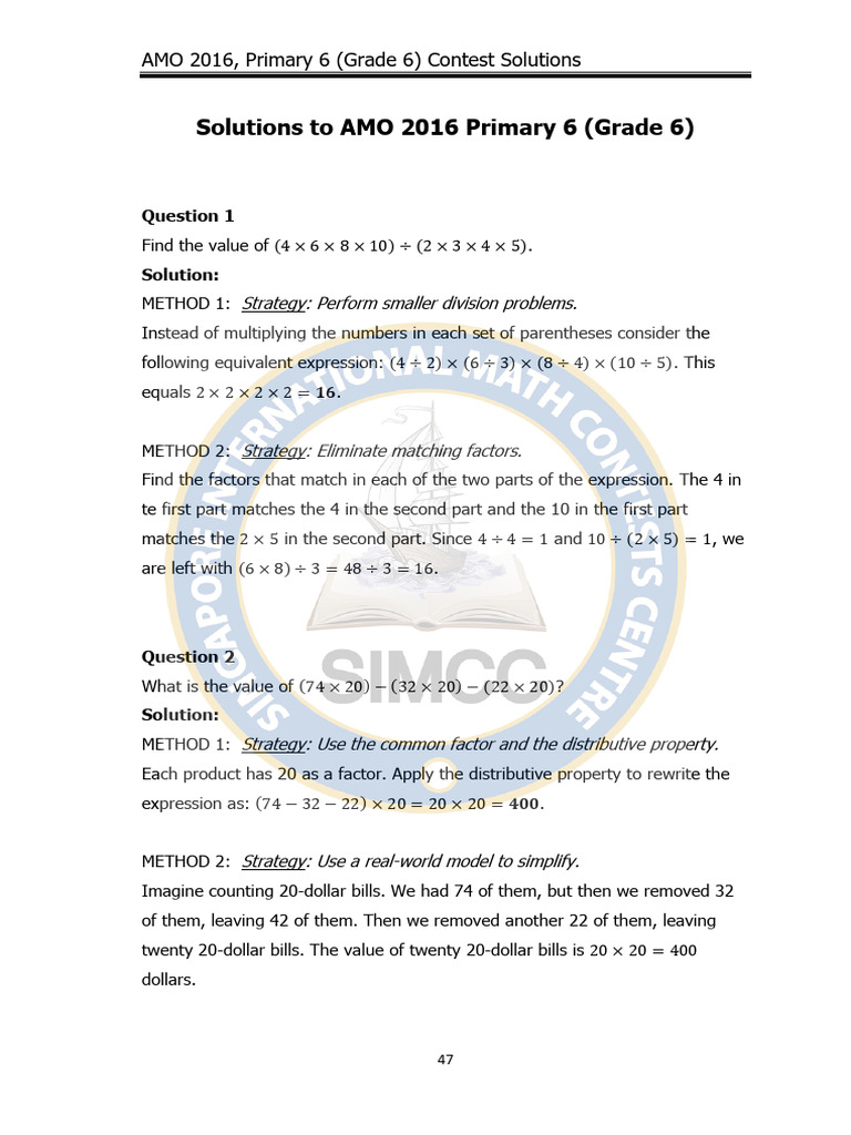 G6 AMO Solutions | Download Free PDF | Length | Elementary Mathematics