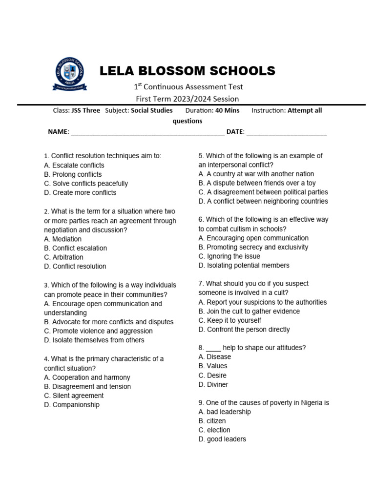 JSS 3 Sos 1ST Term Exam | Download Free PDF | Family | Money
